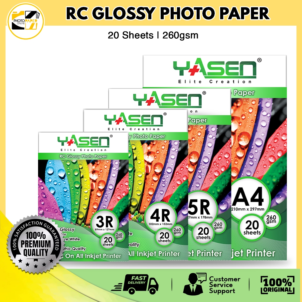 Yasen RC Glossy Photo Paper 260gsm A4 || 5R || 4R || 3R Size Waterproof ...