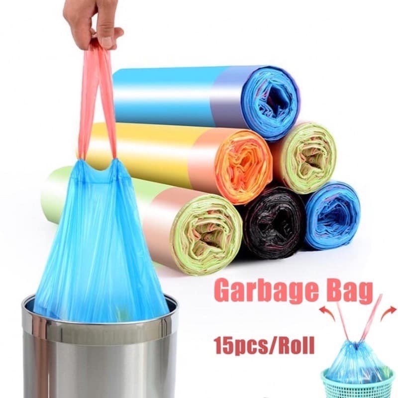 15Pcs/Roll Drawstring Garbage Bag Thickened Automatic Closing Kitchen ...