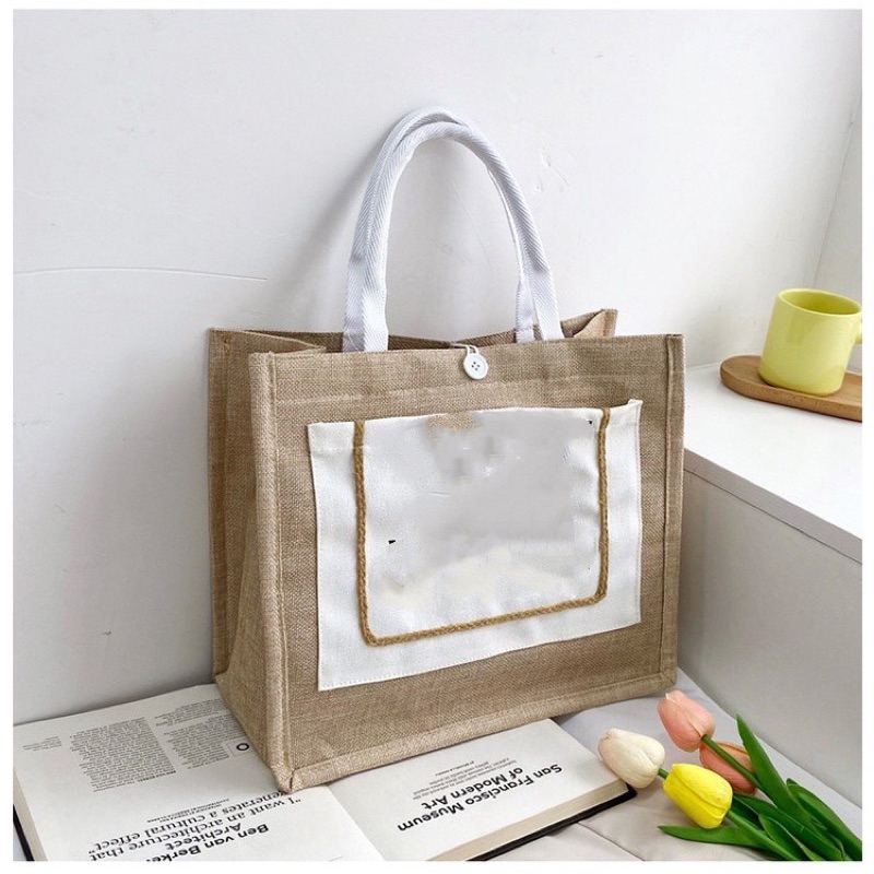 Abaca Tote Bag Linen Jute Burlap Shoulder Bag Plain Design With Pocket ...