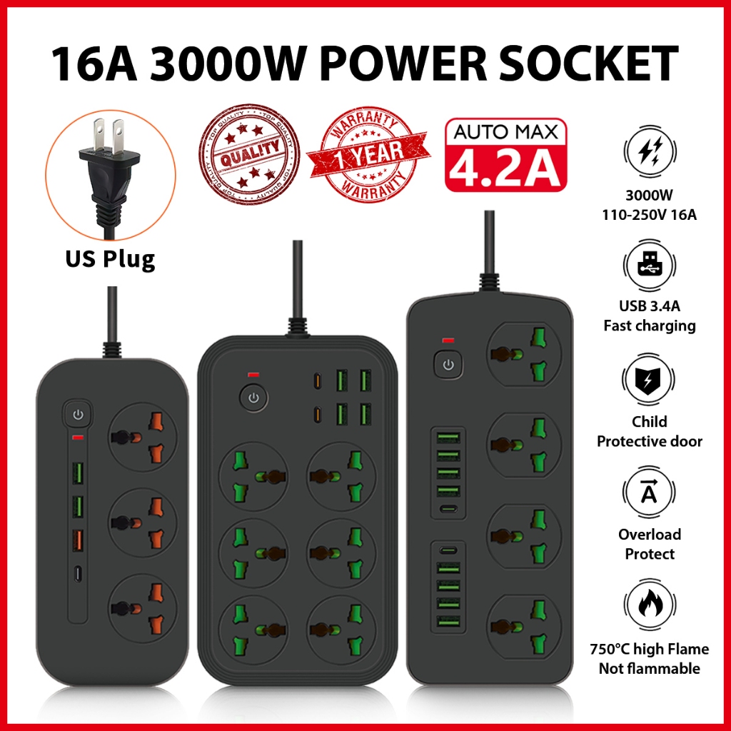 3000W Power Strip with USB C Universal Extension Cord with 6 AC Outlets ...