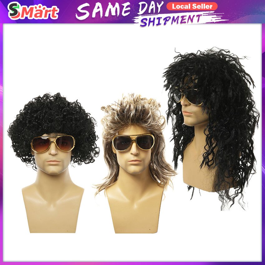 Men Cosplay Punk Heavy Metal Rocker Curly Long Wig Hairpiece European ...
