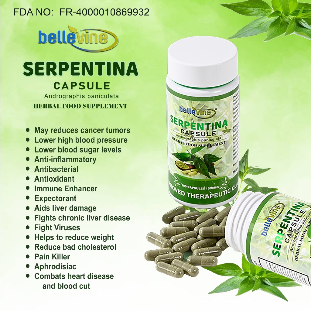 Serpentina Herbal Supplement 100 Capsules x 500mg Bottle (Andrographis ...