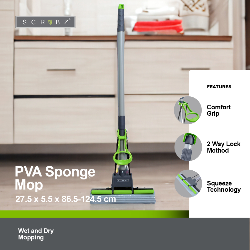 SCRUBZ PVA Sponge Mop 26.5x124cm Microfiber Floor Mop Cleaning ...