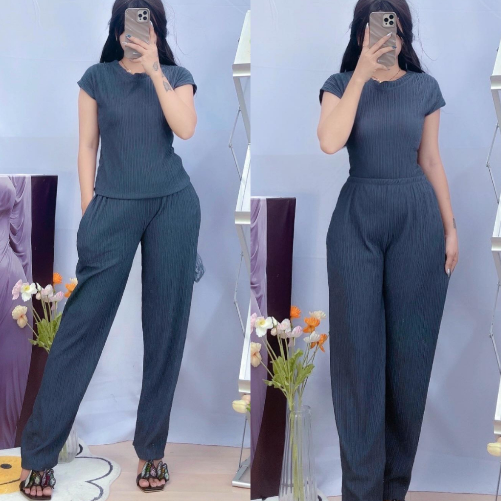 Jenny Plain Basic Round Neck Top Continues Terno Pants Coords Set Trendy Women Casual | Shopee ...