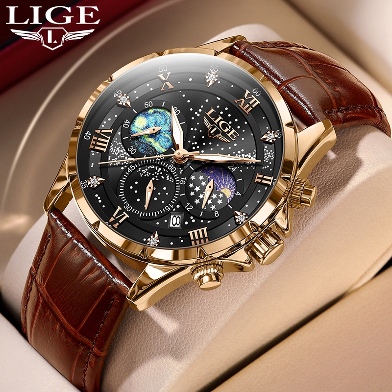 LIGE Original Men's Watch Waterproof Leather Strap Sport Luminous ...