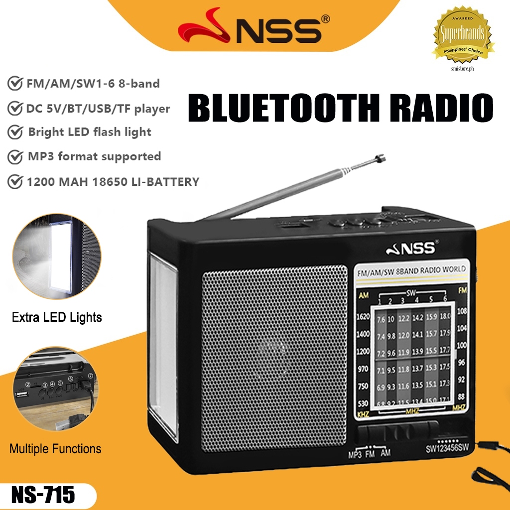 NSS Bluetooth Radio FM/AM/SW8 Band Rechargeable Radio With BT/USB/TF Music Player NS-715 ...