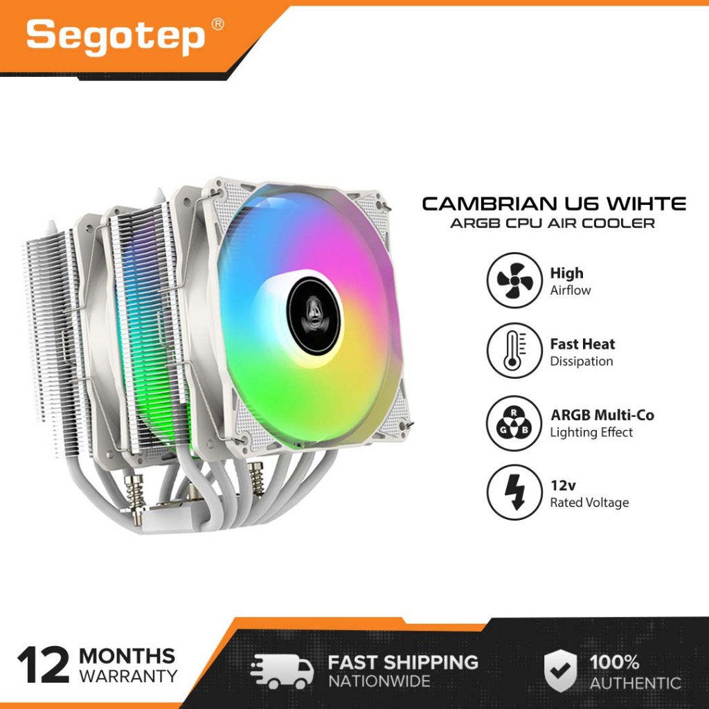 Segotep Cambrian U6 White Twin Tower Heat Pipe ARGB Lighting CPU Air ...