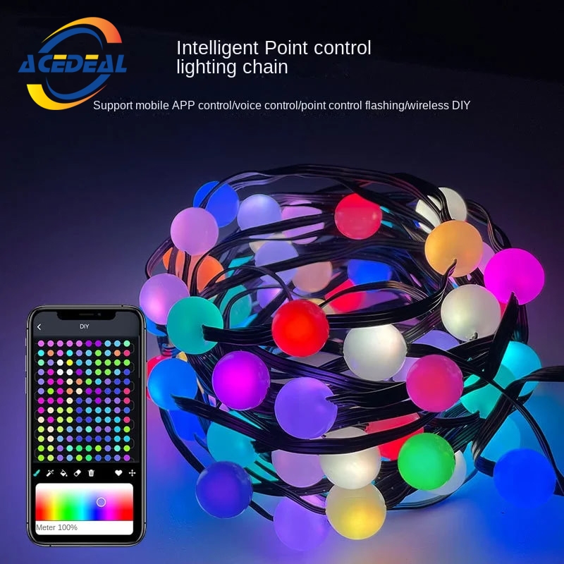 LED String Light IP67 Colorful Programmable RGBIC Round Ball String ...