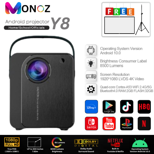 MONOZ Projector Y8 PRO Mini Portable Smart 6000 Lumens 4K UHD Projector ...