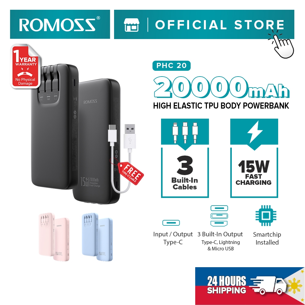 Romoss PHC20 15W / 22.5W 20000mAh PowerBank with Cord 3 Built-In Cable ...