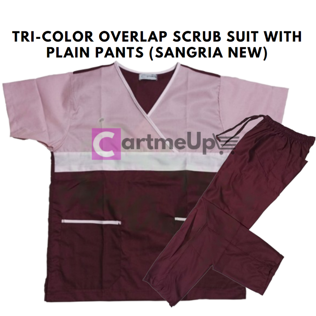 (CART-Z) Tri-Color Overlap Scrub Suit with Plain Pants (Sangria New ...
