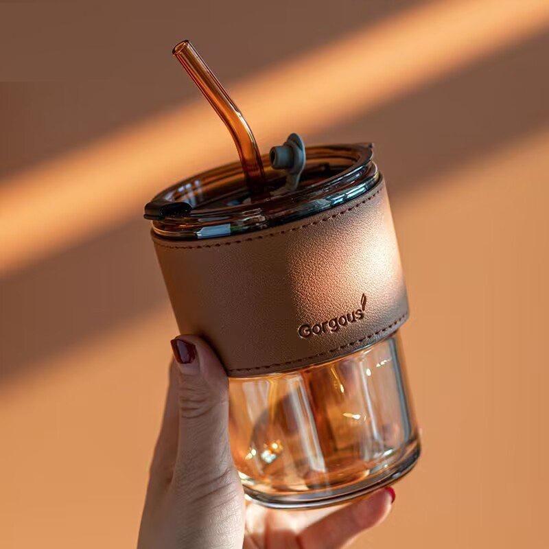 310g Glass Straw Cup Transparent Coffee Cup 450ml Glass Cup With Lid ...