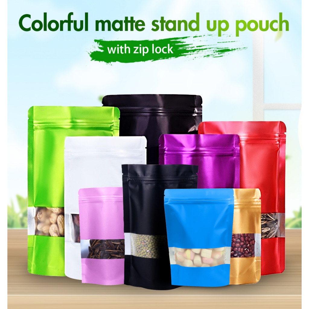 100pcs Colorful Matte Stand Up Pouch With Window Resealable For Food ...
