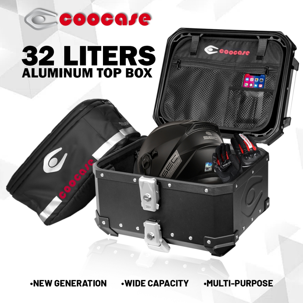 COOCASE ALUMINUM TOP BOX W/ EMBOSSED LOGO 32L / HEAVY-DUTY ALLOY REAR TAIL BOX W/ INSULATED BAG ...