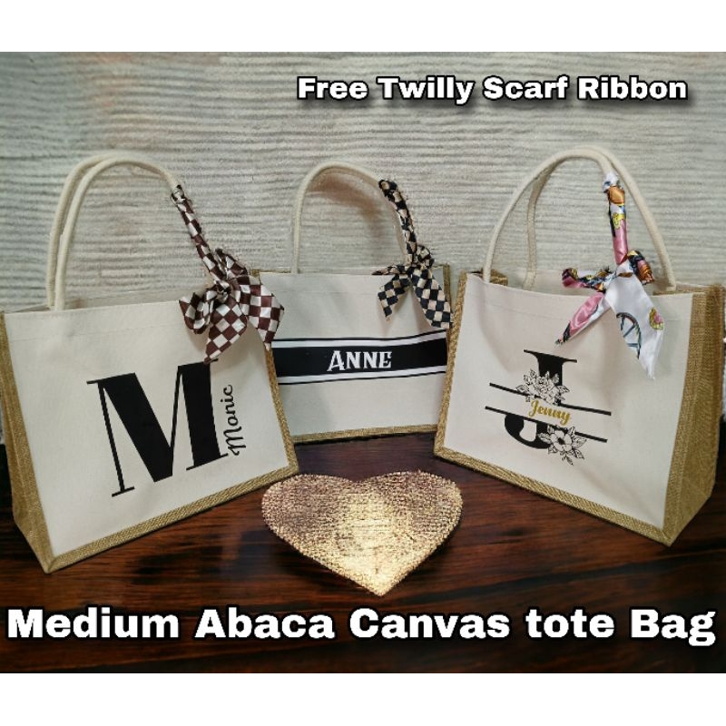 Personalized Abaca Canvas Jute Bags Free name free twilly scarf ribbon ...