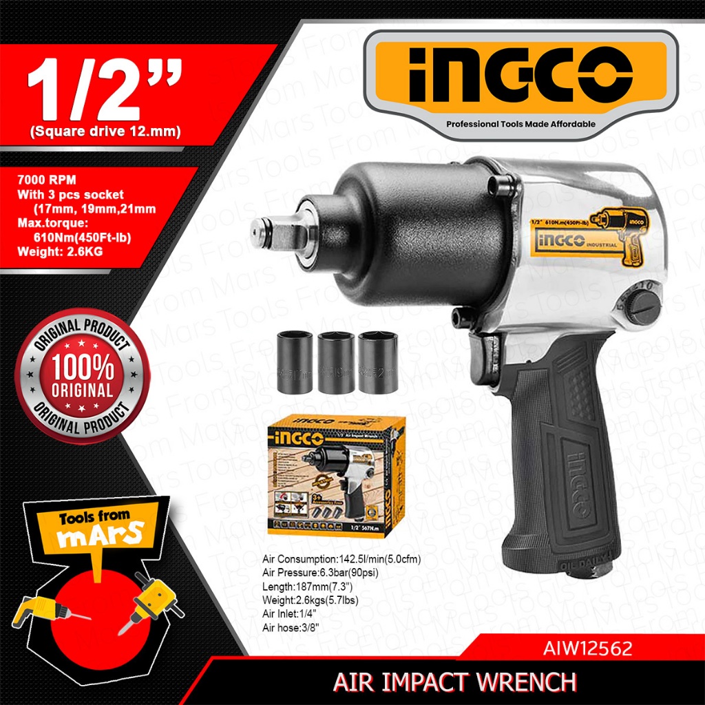 Ingco Air Impact Wrench 1/2" Inch 610Nm Twin Hammer Mechanism Repair ...