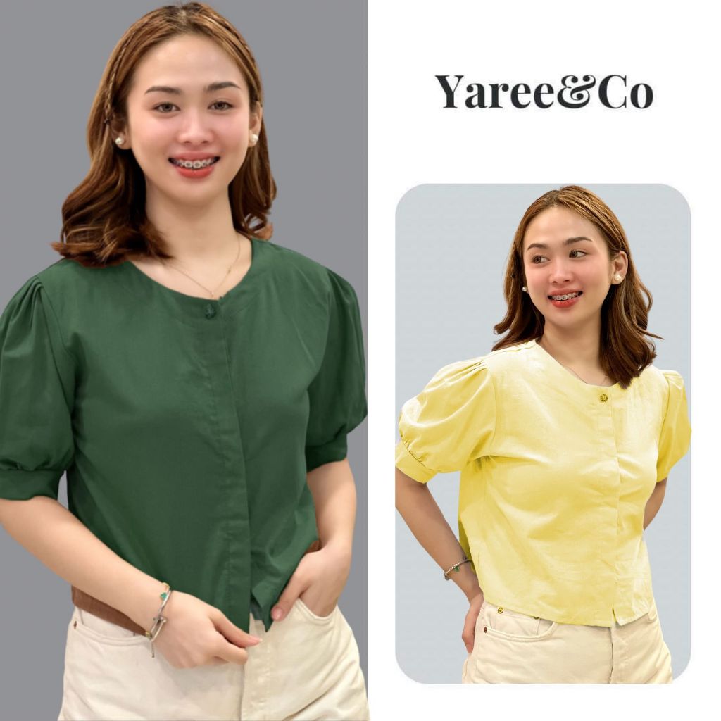 YAREE.CO Vanessa linen round neck puffsleeves button down top FOR WOMEN ...