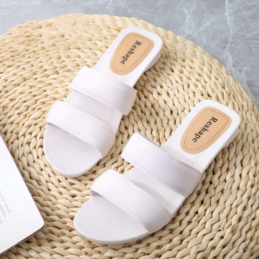 *hyuuu* Women Two Straps Slippers Flat Sandals white apricot | Shopee ...