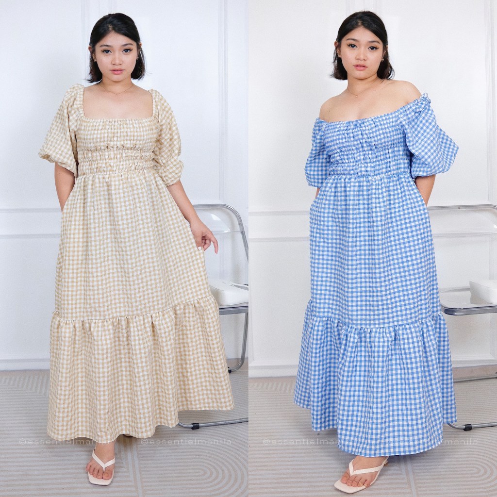 ESSENTIELMANILA Gingham Puff Sleeves Gartered Maxi Dress EM369 | Shopee ...