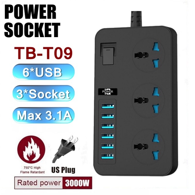 Zeus Multi-function 3.1A Universal Power Socket Extension Cord Plug With 3 Ac Outlet And 6 Usb ...