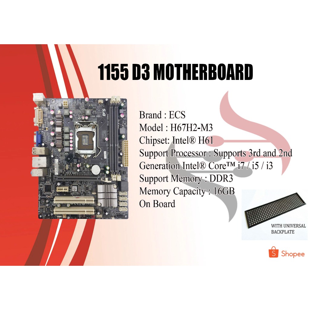 Socket 1155 D3 Motherboard ECS H67H2-M3 (with Universal Backplate ...