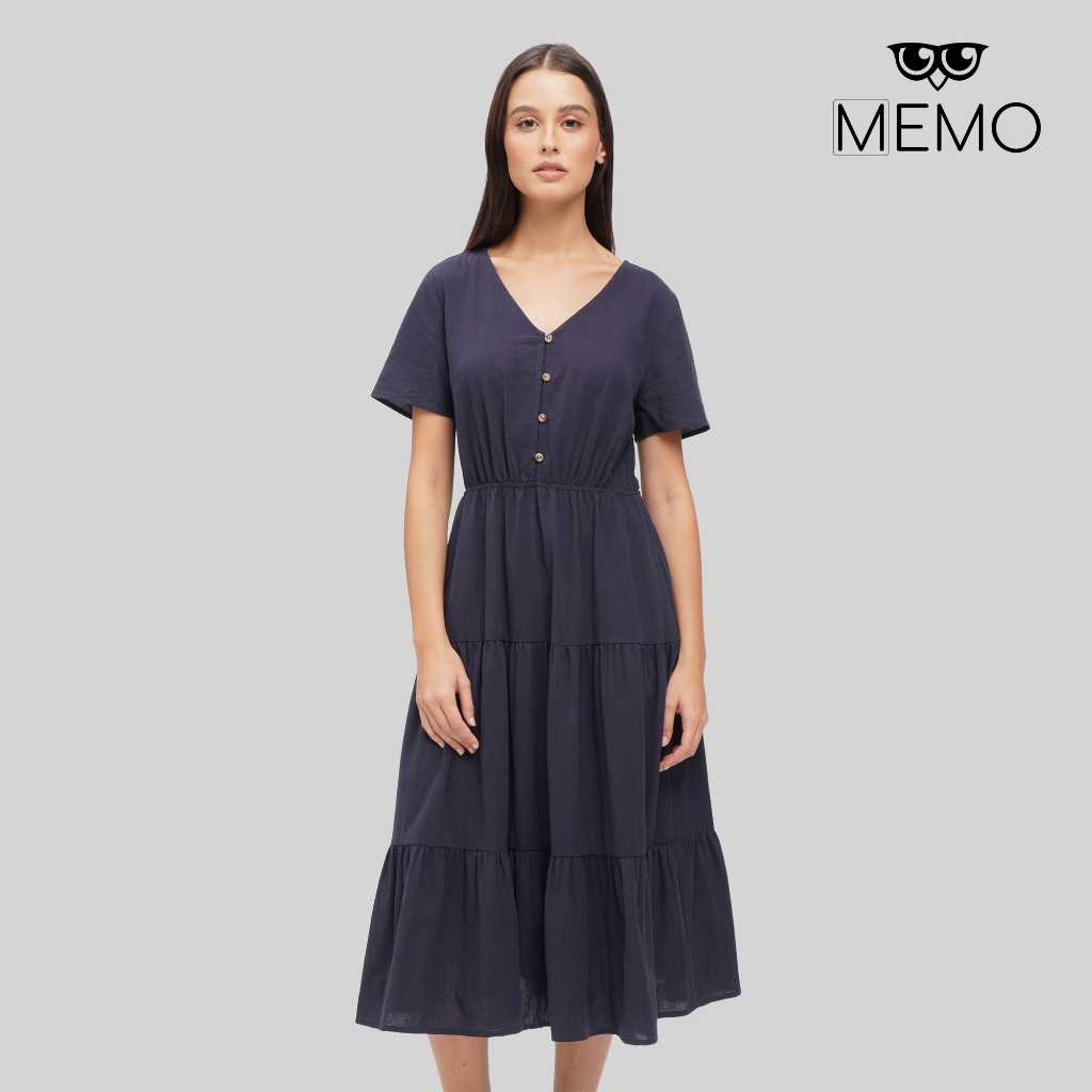 Memo Midi Tiered Dress For Women (Navy Blue) | Shopee Philippines