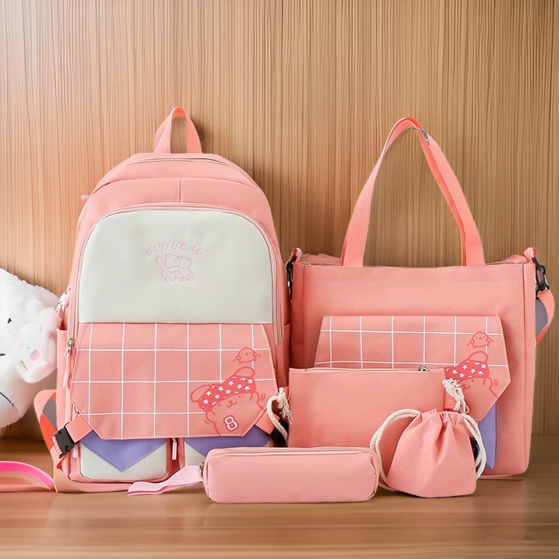 5-in-1 Women's Backpack Bag Set with Bear, Shoulder Bag, Purse, String ...