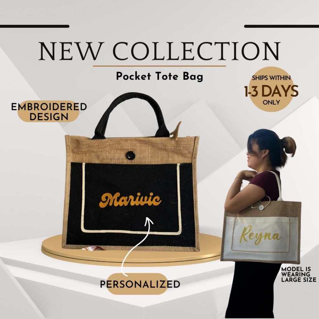 Embroidered Abaca Jute Burlap Pocket Tote Bag with Button and Zipper ...