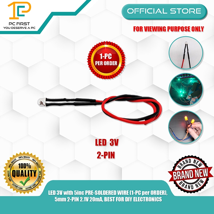 LED 3V with 5inc PRE-SOLDERED WIRE (1-PC per ORDER), 5mm 2-PIN 2.1V ...