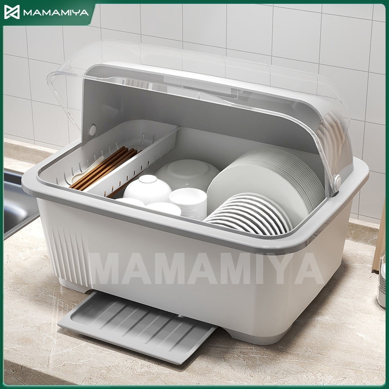 Plastic Dish Rack With Lid and Drainer Dust-proof Multifunction Storage Kitchenware Organizer ...