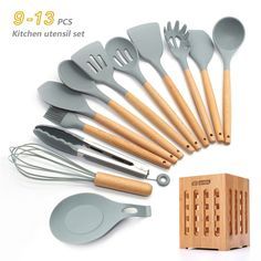Set 10 Silicone Kitchen Utensils set Kitchen tools kitchenwares Wooden ...