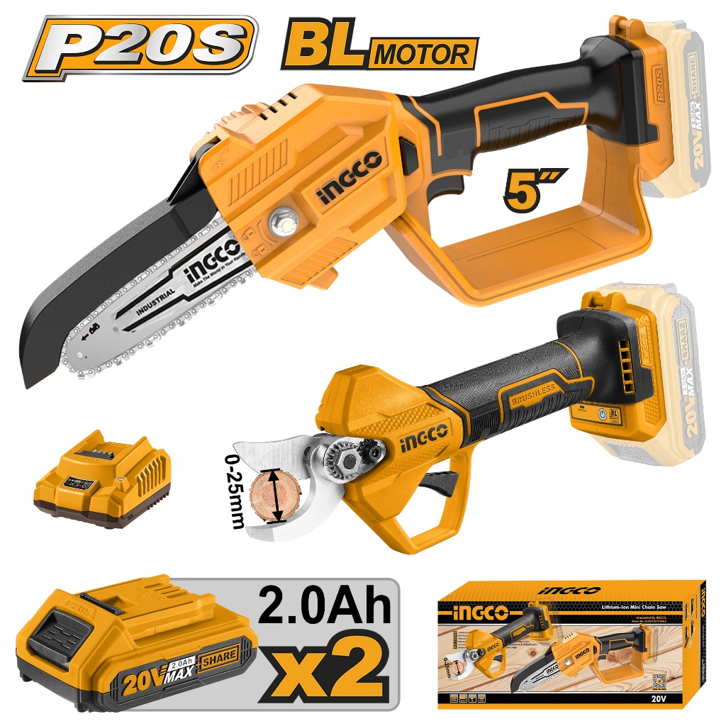 INGCO 20V Combo Kit Cordless Gauge Straight Shear with Pruner Saw ...