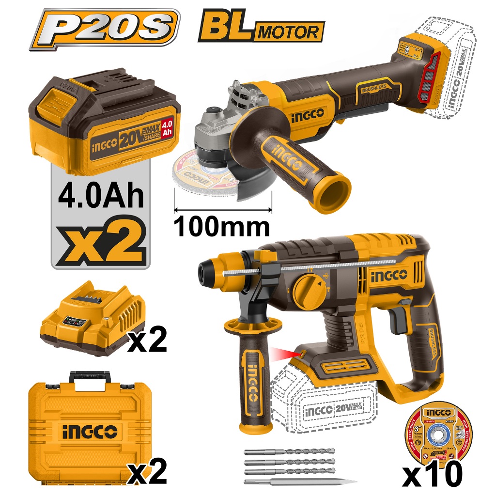 INGCO 2pcs Combo Kit Cordless Rotary Hammer with Angle Grinder ...