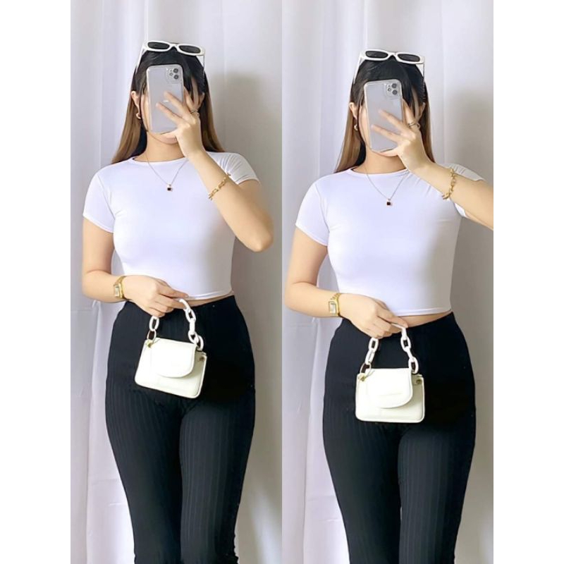 Basic Round Neck Crop Top Double lining Fit small to medium | Shopee ...