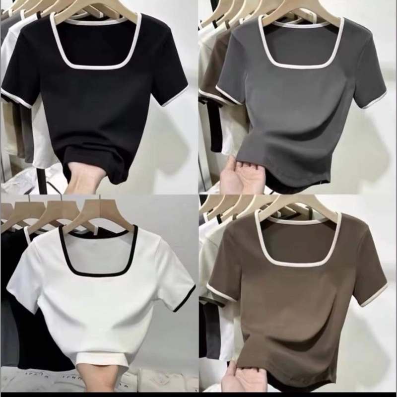 #Contrast Binding Square Neck Tee Full Length T Shirt For Women Tops ...