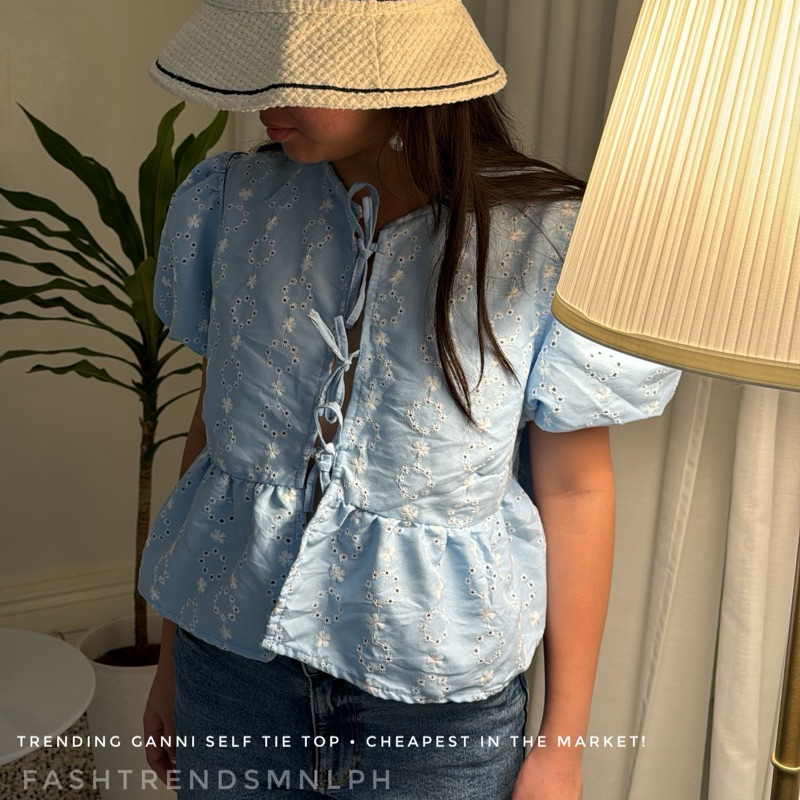 SELF-TIE SUMMER RIBBON GANNI TOP DAILY CASUAL WOMEN BLOUSE | Shopee ...