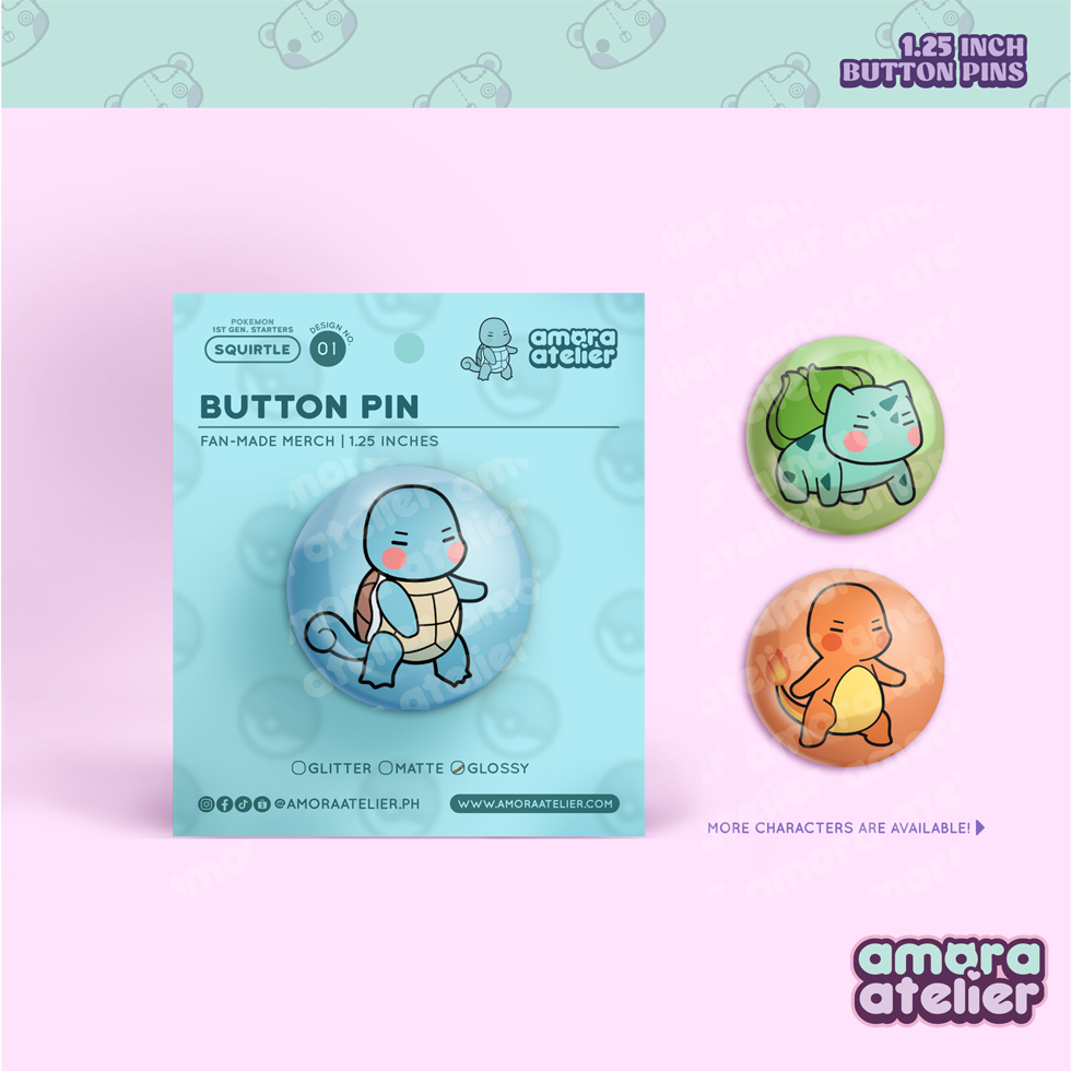 Button Pin | Pokemon 1st Gen. Starters No. 1 | Fan Art by Amora Atelier ...