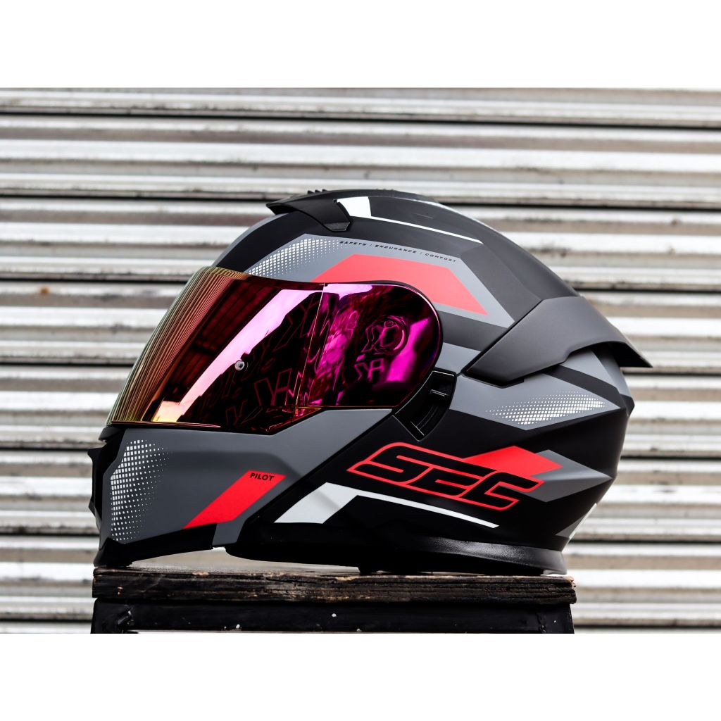 SEC HELMET PILOT FUTURE BLACK GRAY RED MODULAR WITH FREE CLEAR LENS ...