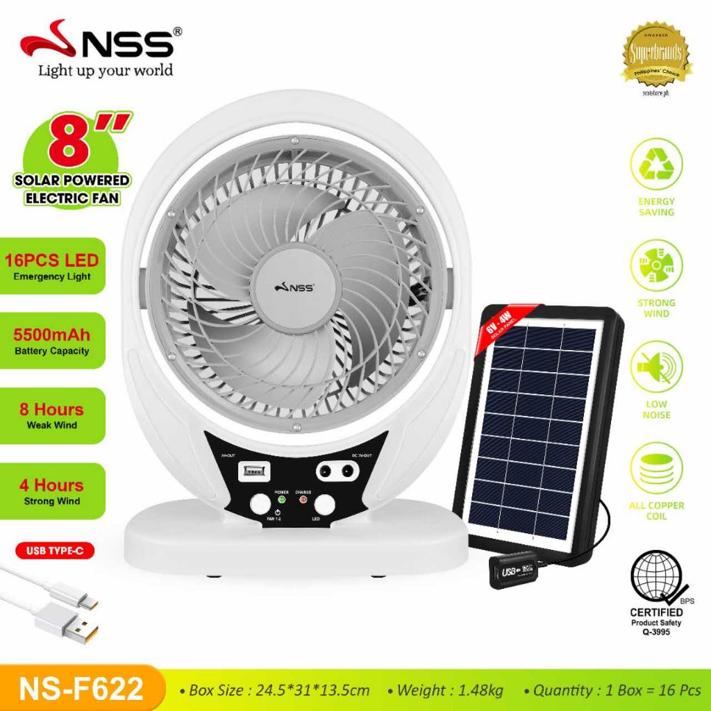 NSS Solar Desk Fan With Solar Panel 6/8 Inch Portable Rechargeable ...
