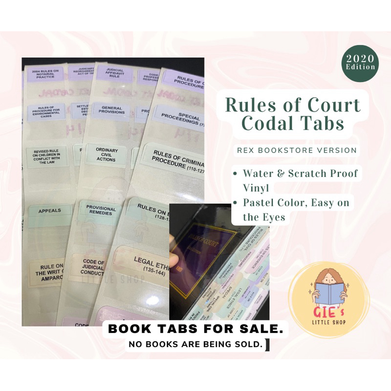 Rules of Court Codal Tabs Labels 2020 REX Book Law School Stickers ...