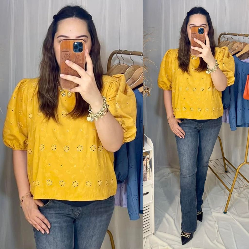 PLUS SIZE CHUBBY WOMEN Top Blouse Puff Sleeves XL 2XL 3XL Linen Eyelet ...