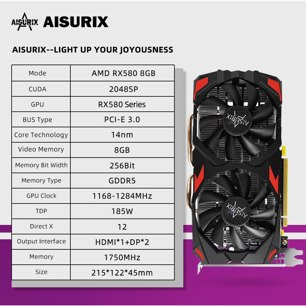 AISURIX Graphics Card RX 580 8GB GDDR5 256Bit 2084SP Computer GPU Video ...