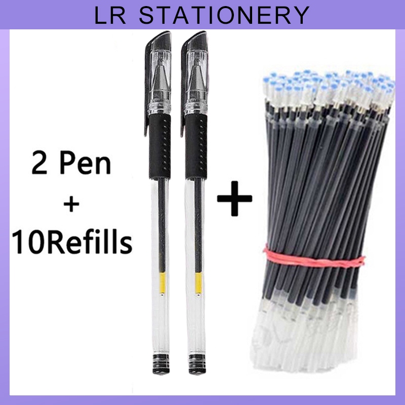 2 Pen+10 Refill Ballpen Gel Pen 0.5mm Black Pen Set Office & School W24 ...