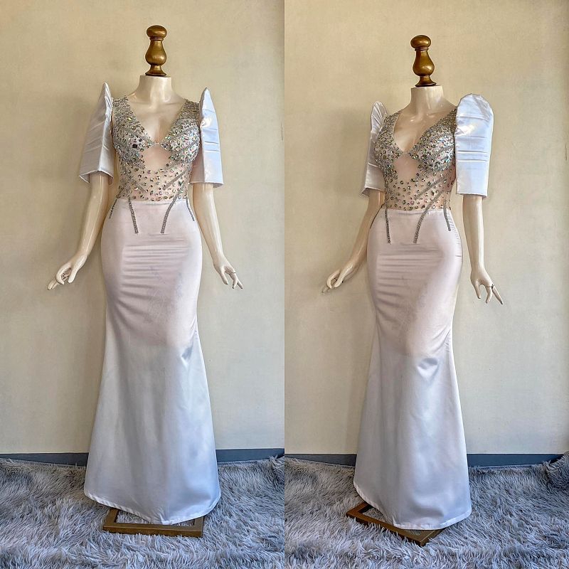 white modern filipiniana fitted gown detachable sleeves | Shopee ...