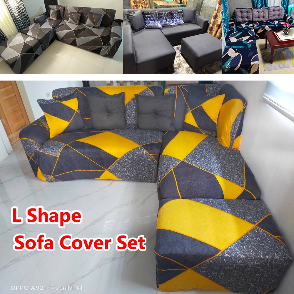 L Shape Sofa Cover Set of 2 Pcs 2 Seater and 1 Piece Footstool Cover ...