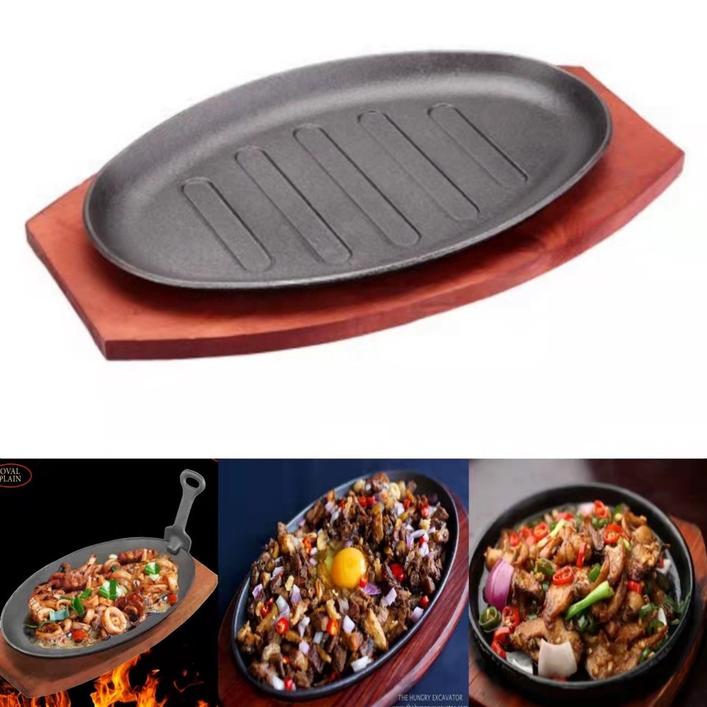 Sizzling Plate With Wooden Base Sisig Plate Cast Iron Pan Non-Stick ...
