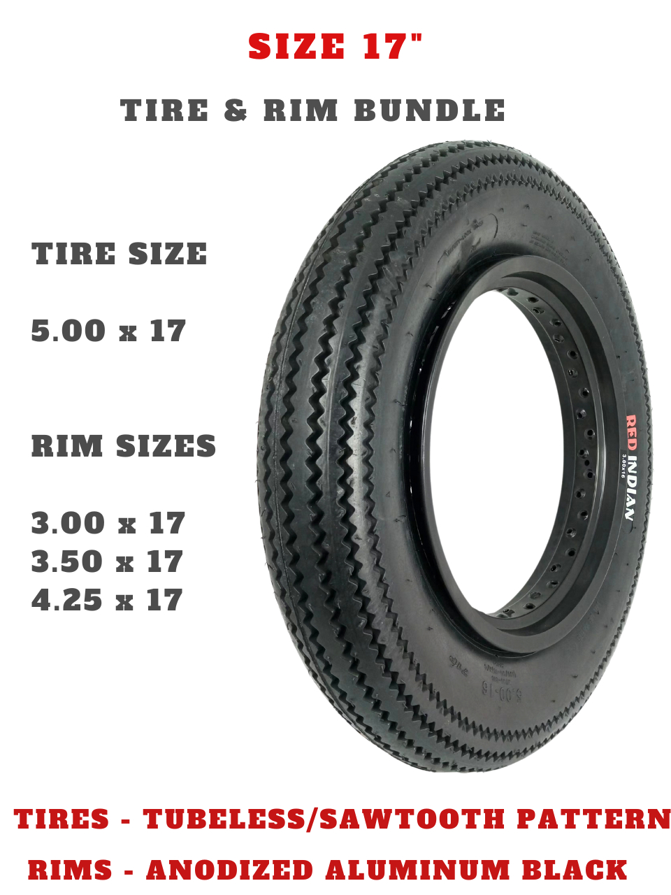 RED INDIAN 5.00-17 TUBELESS CLASSIC SAWTOOTH TIRE & ALUMINUM RIM 3.00 ...