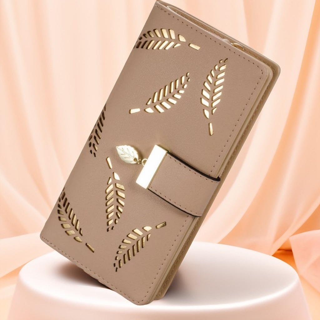 Korean Fashion Long Women's Wallet Clutch Gold Hollow Leaf Buckle Card ...