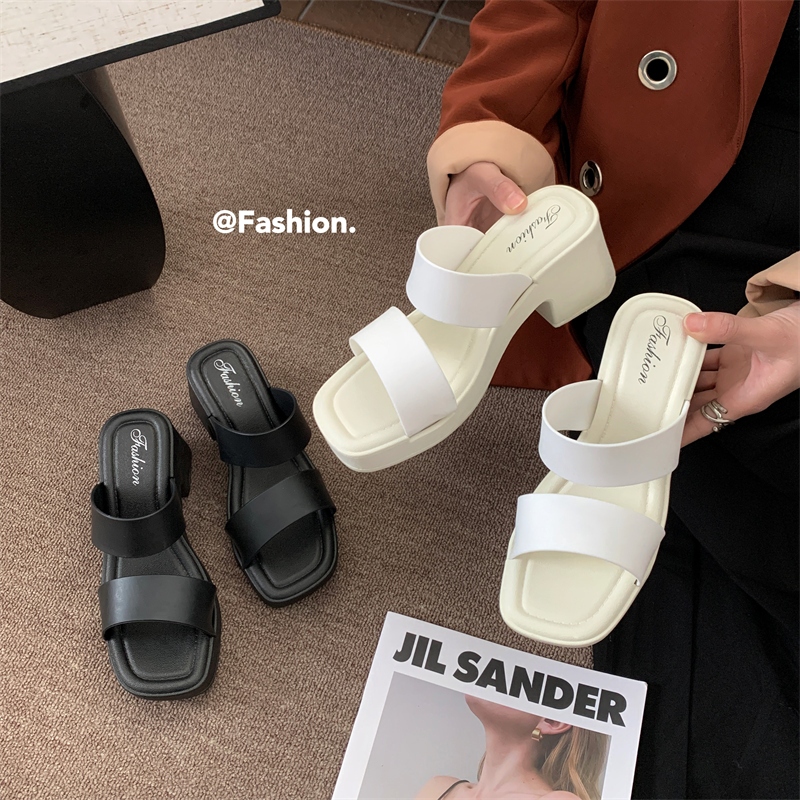 【JS】7cm Heeled Sole Rubber made Two-strap Slipper Casual Matte Finish ...