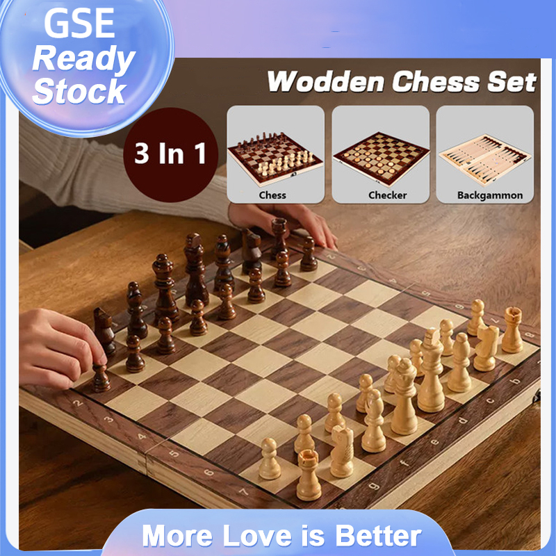 GSE 3-In-1 Wooden Chessboard Folding Board Chess Game International ...